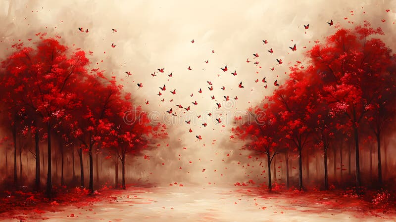 Beautiful Scenery with Red Trees and Falling Leaves Stock Photo - Image ...