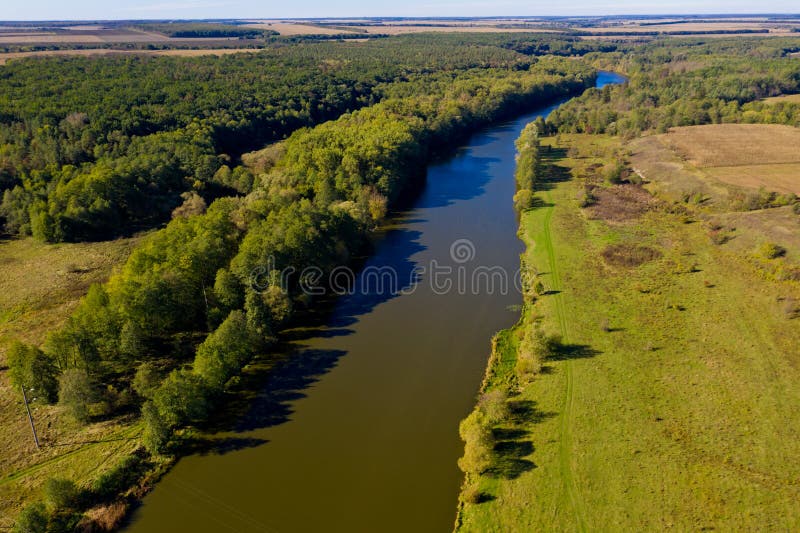 Beautiful Scenery on the River, Field, Forest and Sky. Aerial View ...