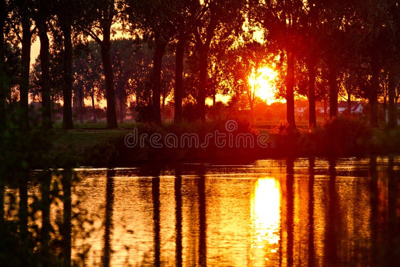Beautiful Scenery : Sunset on River Bank, Solar Disk Moving Down ...