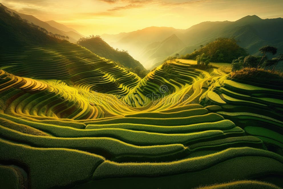 Beautiful Scenery of Terraced Rice Fields at Sunset. Generative AI ...