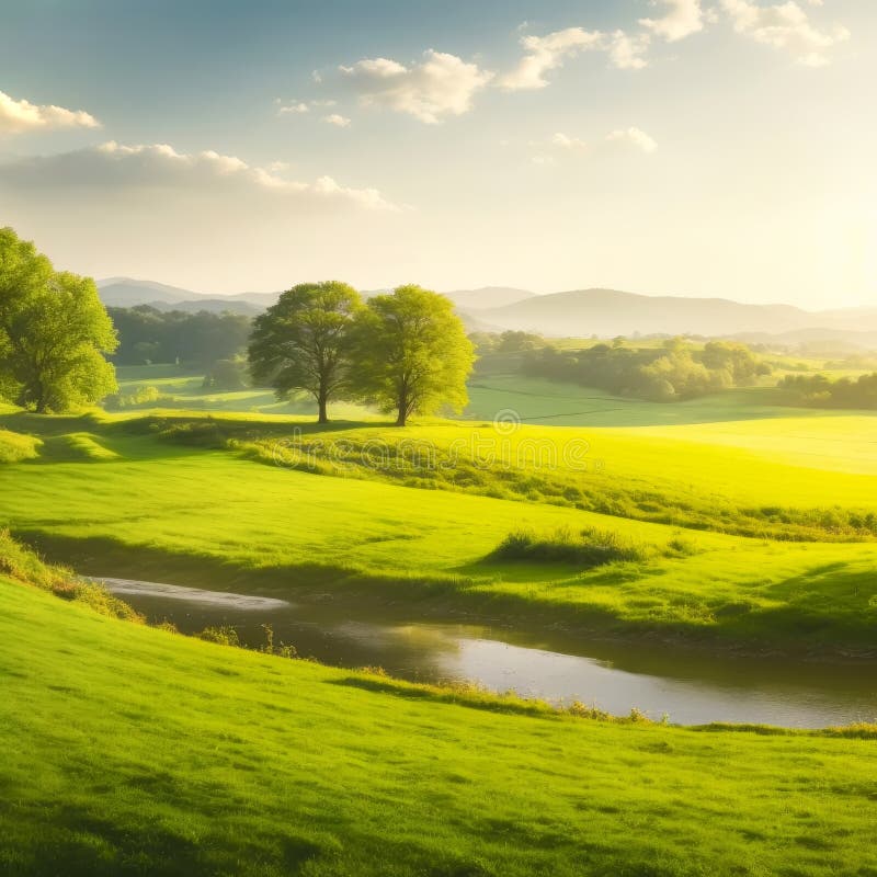 Beautiful Scenic Nature View with Green Fields Illuminated by Sunlight ...