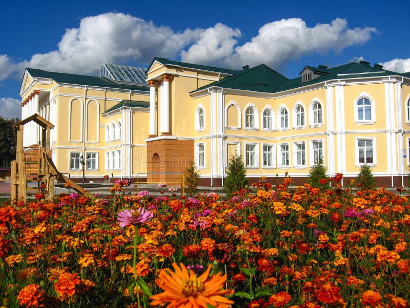 Beautiful School on a Background of Flowers Stock Image - Image of ...