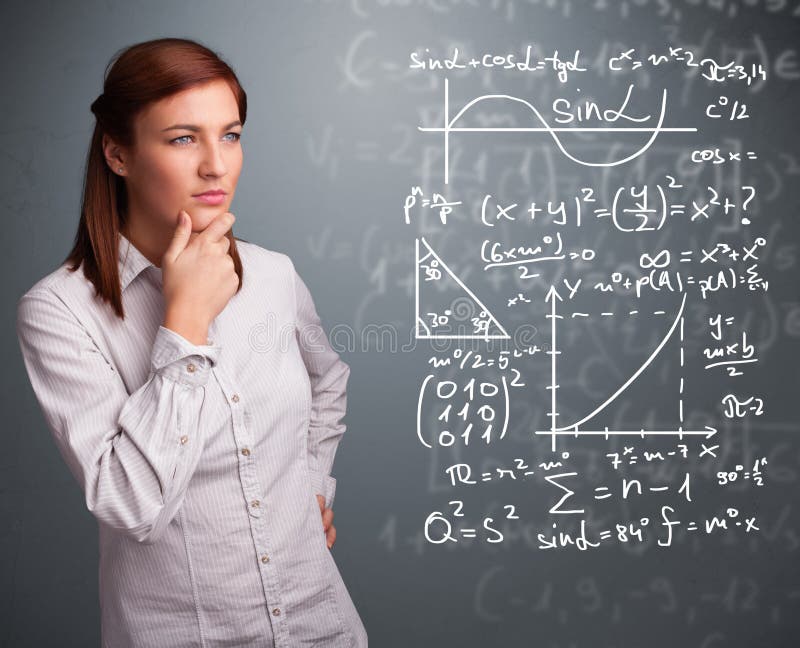 Beautiful School Girl Thinking about Complex Mathematical Signs Stock ...