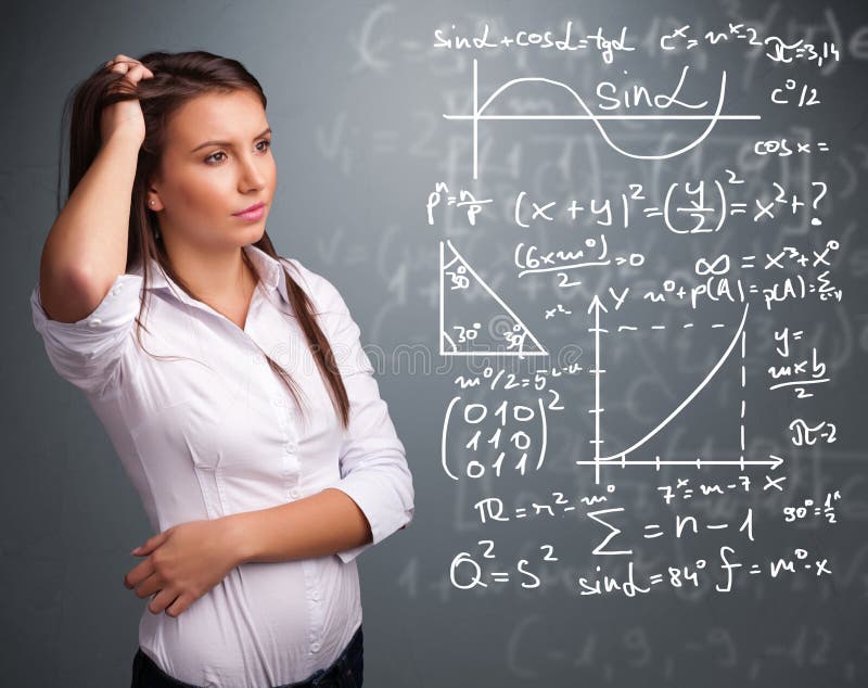 Beautiful School Girl Thinking about Complex Mathematical Signs Stock ...