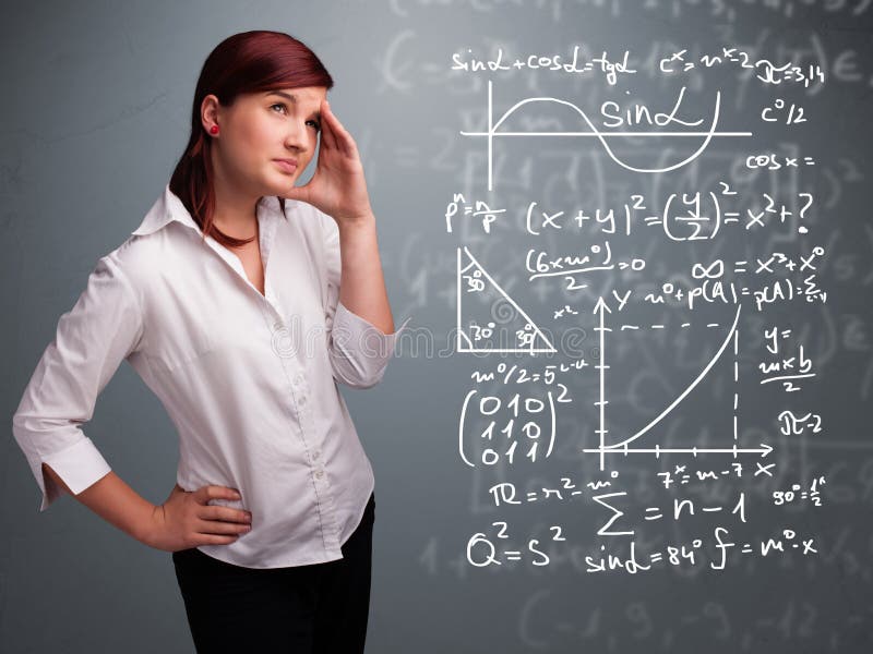 Beautiful School Girl Thinking about Complex Mathematical Signs Stock ...