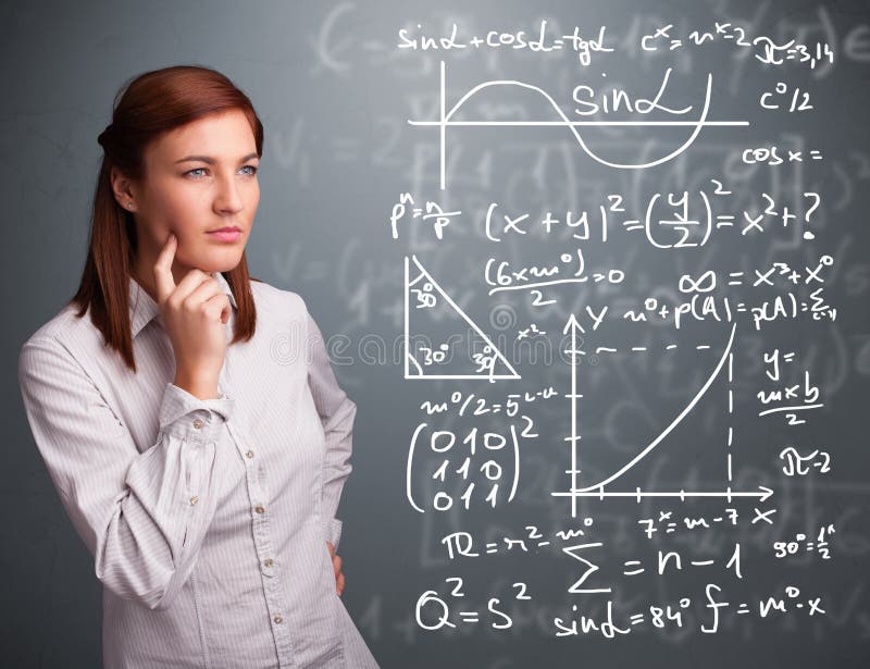 Beautiful School Girl Thinking about Complex Mathematical Signs Stock ...
