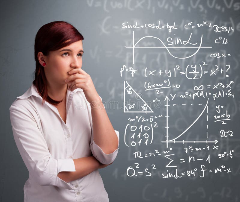 Beautiful School Girl Thinking about Complex Mathematical Signs Stock ...