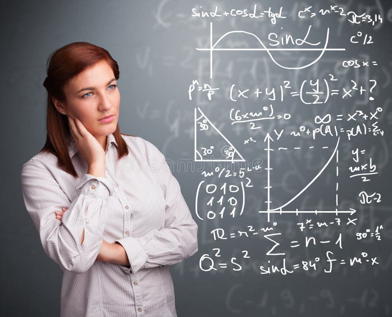 Beautiful School Girl Thinking about Complex Mathematical Signs Stock ...