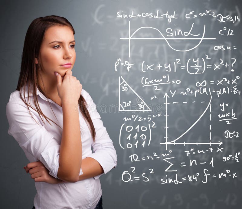 Beautiful School Girl Thinking about Complex Mathematical Signs Stock ...