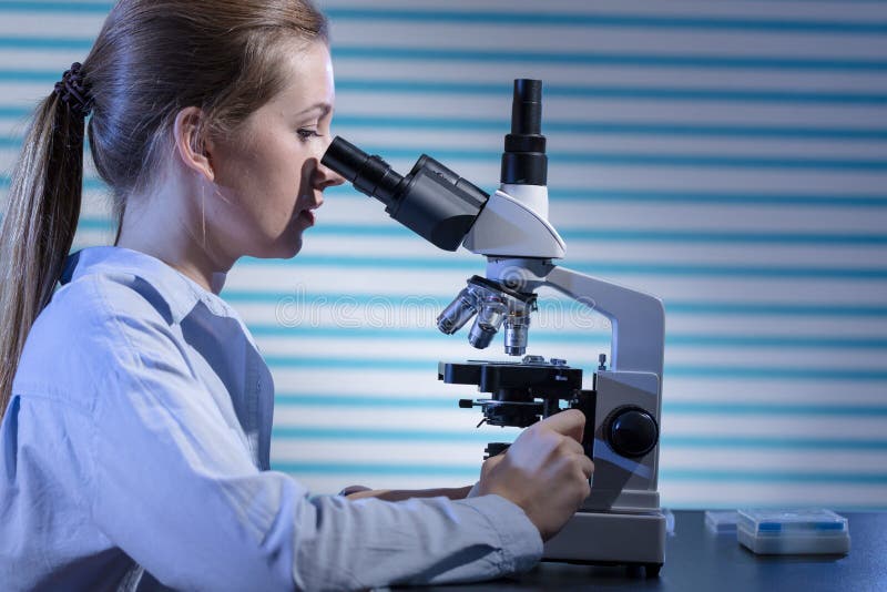 Beautiful Science Student Looking into a Microscope in a Laboratory ...