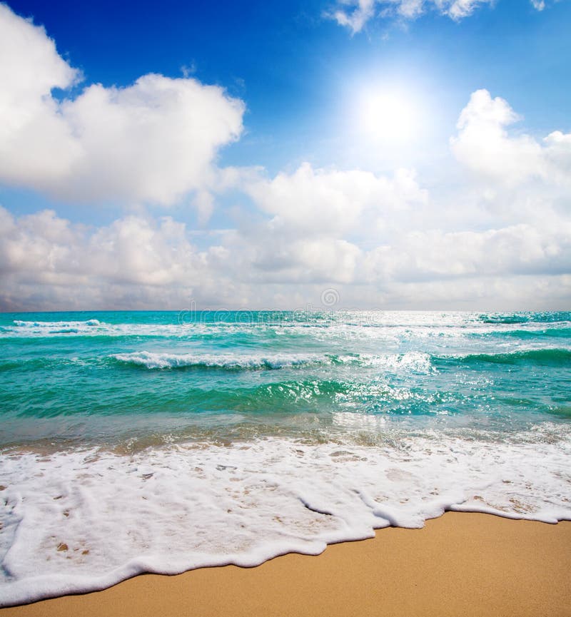 Beautiful Sea and Cloudy Sky with Sun Stock Image - Image of quiet ...