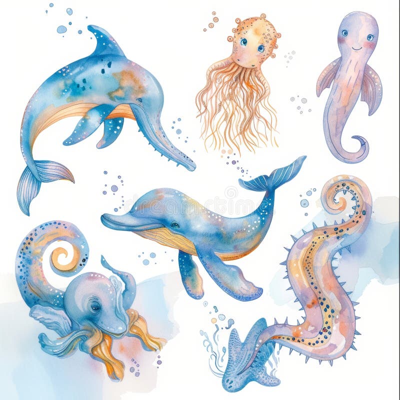 Beautiful Sea Creature Watercolor Illustration Set Stock Illustration ...