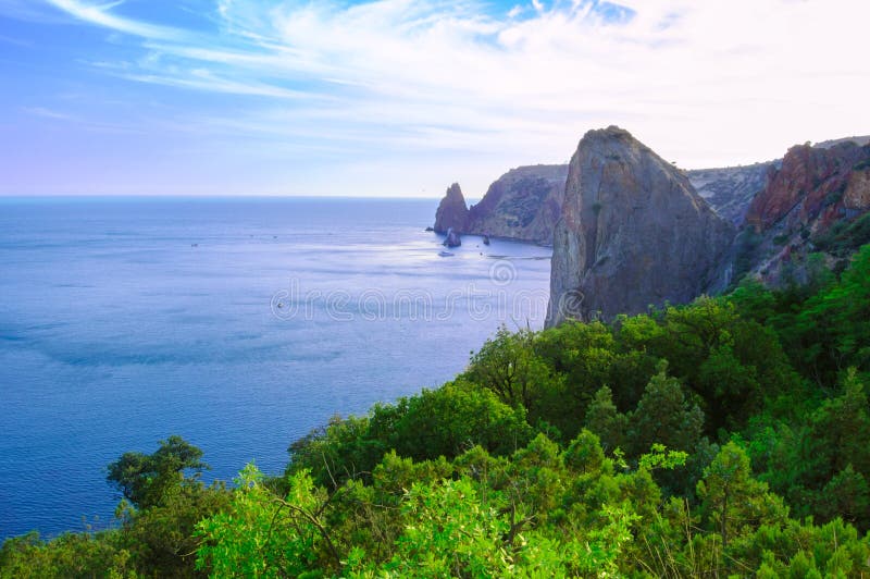 Beautiful Sea Rocky Coast with Green Forest Stock Photo - Image of ...