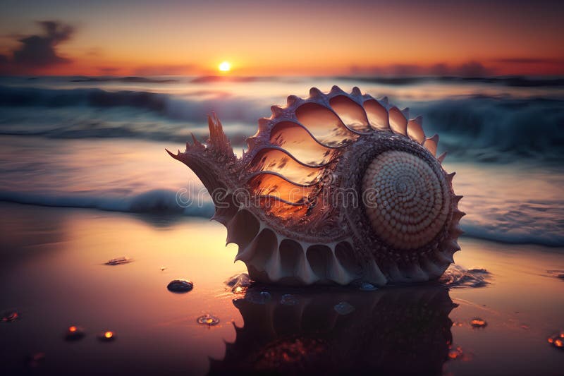 Beautiful Sea Shell on the Beach at Sunset. Nature Composition Stock ...