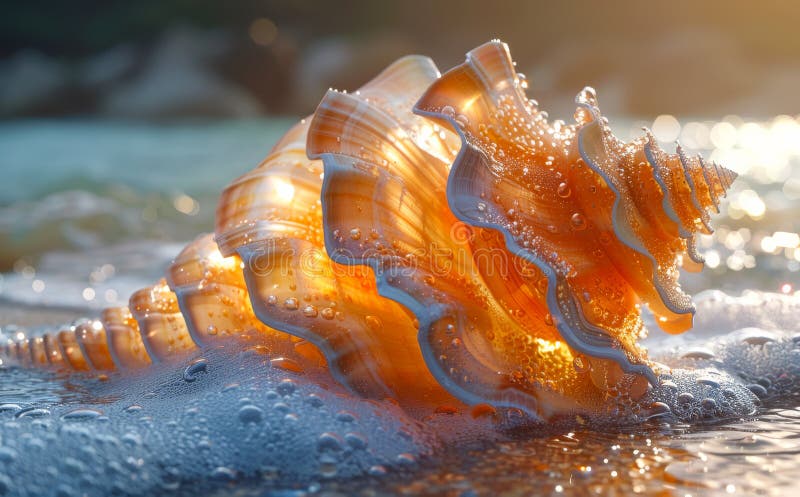 Beautiful Sea Shell Lies on the Beach in the Rays of the Setting Sun ...