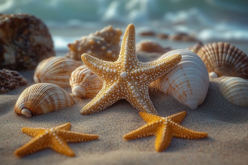 Beautiful Sea Stars and Shells on Sand Beach Ai Photo Stock ...