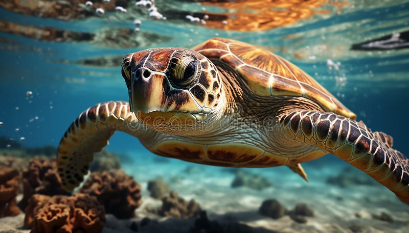 A Beautiful Sea Turtle Swimming in the Blue Underwater Generated by AI ...