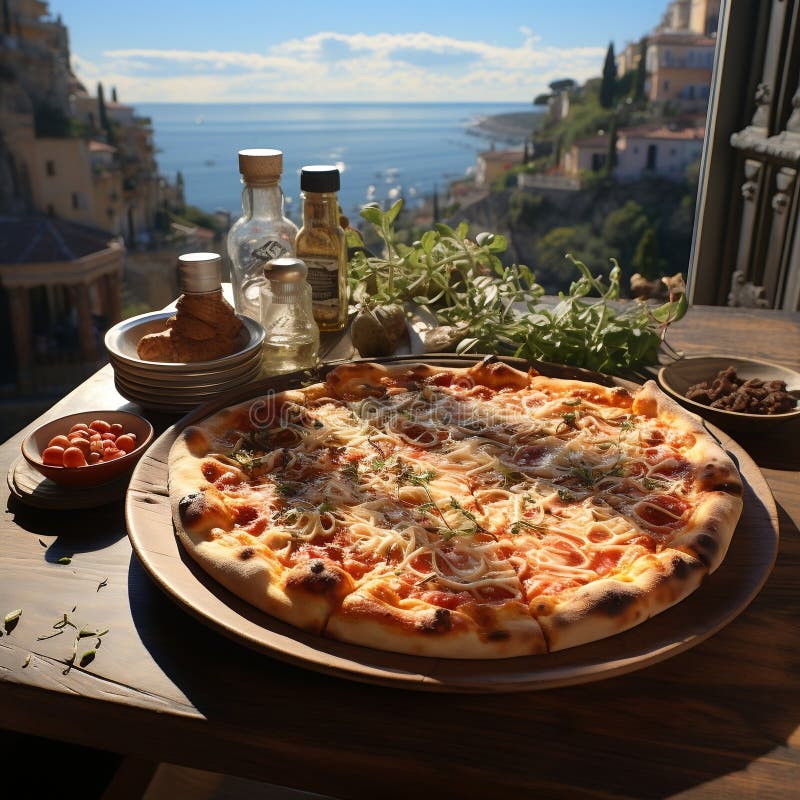 Beautiful sea view pizza stock illustration. Illustration of brunch ...