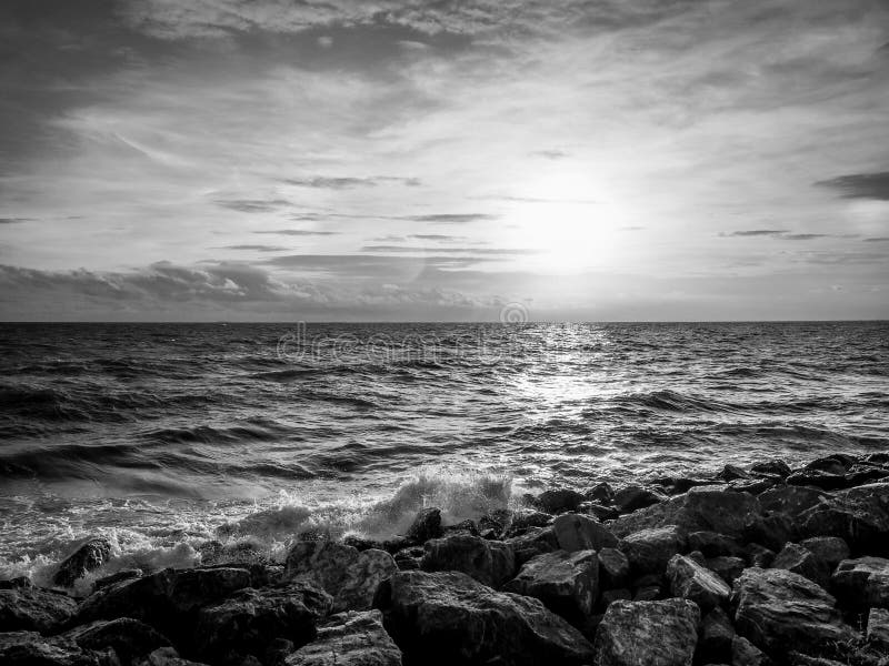 Beautiful Sea Waves with Foam and Sky, Front View. Monochrome Image ...