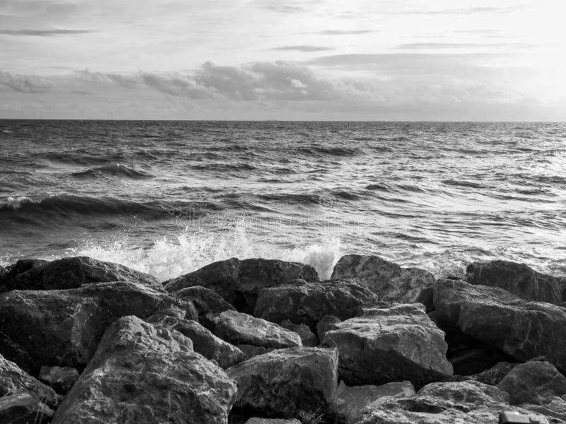 Beautiful Sea Waves with Foam and Sky, Front View. Monochrome Image ...