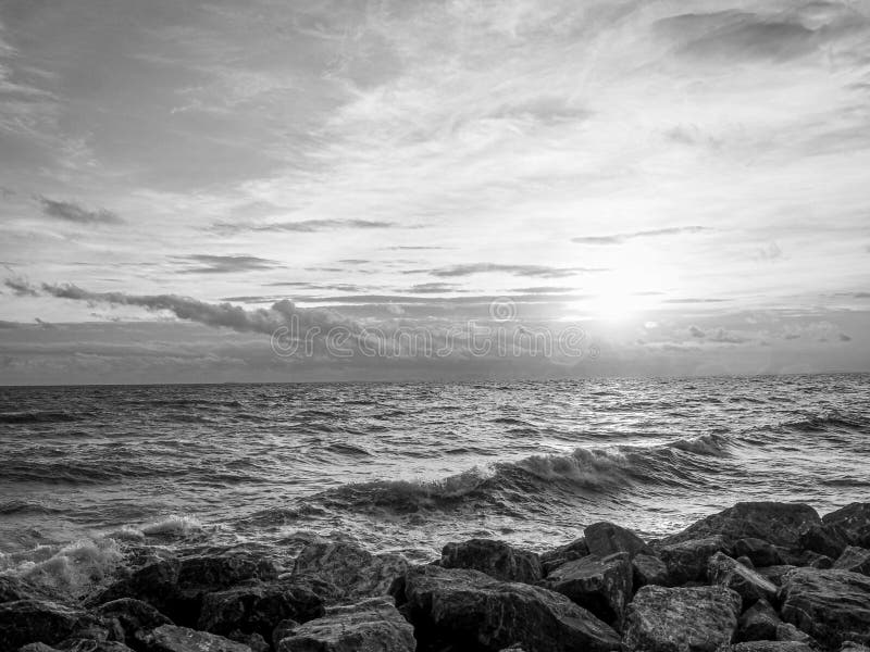 Beautiful Sea Waves with Foam and Sky, Front View. Monochrome Image ...