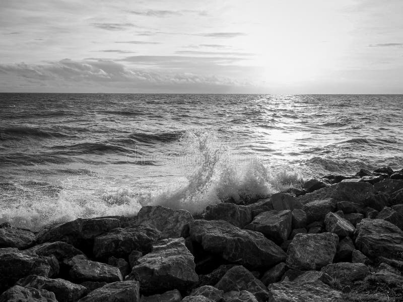 Beautiful Sea Waves with Foam and Sky, Front View. Monochrome Image ...
