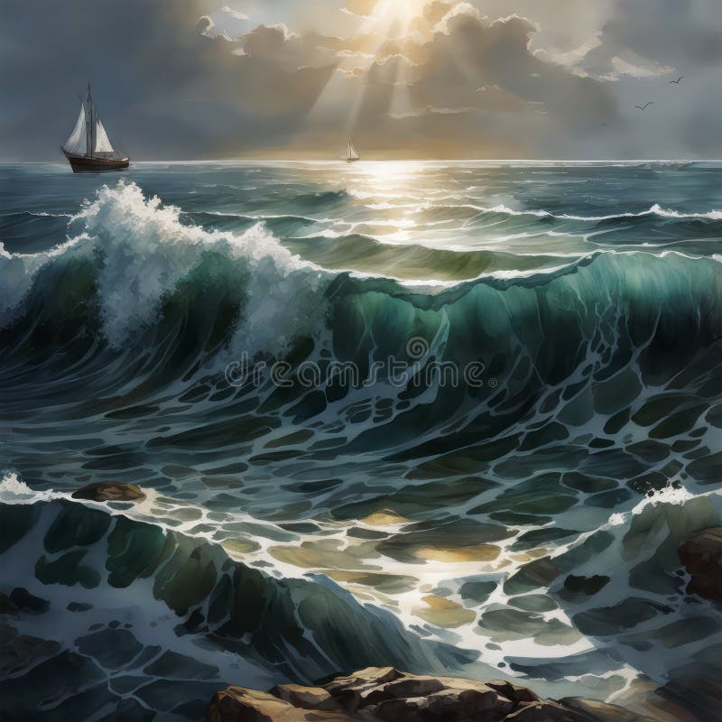 Beautiful Sea Waves. a Ship on the Horizon Stock Illustration ...