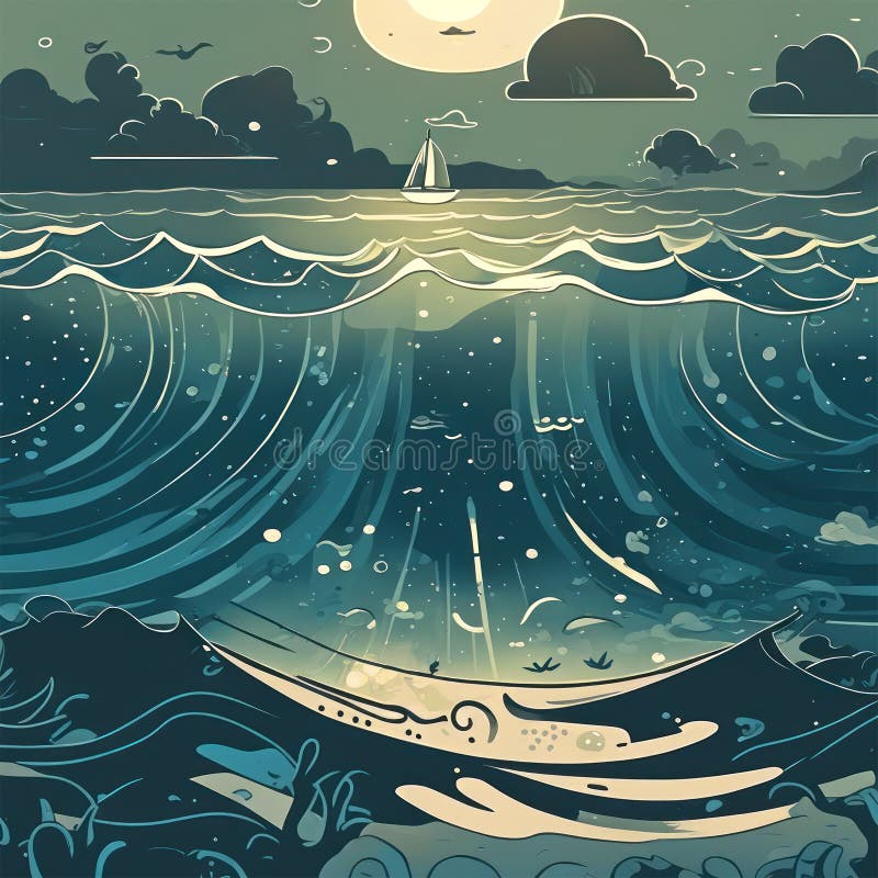 Beautiful Sea Waves. a Ship on the Horizon. Color Illustration. Stock ...