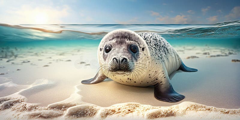 Young Seal Pup on the Seashore, Wide Angle View Stock Illustration ...