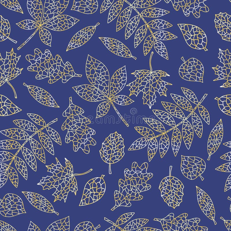 Seamless Pattern of Abstract Autumn Leaves with Gold Effect on Blue ...
