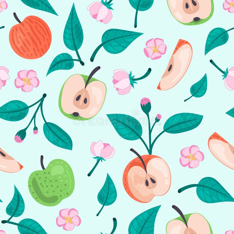 Beautiful Seamless Pattern. Apples, Leaves and Flowers on a Light ...