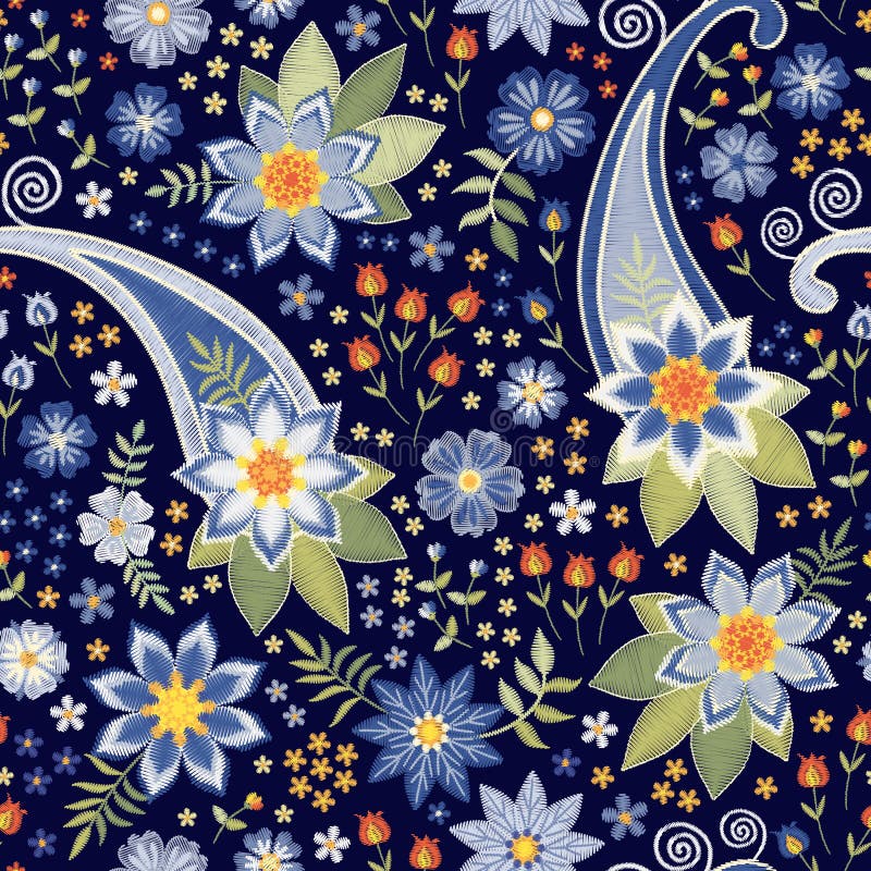 Beautiful Seamless Pattern with Embroidered Flowers on Dark Blue ...