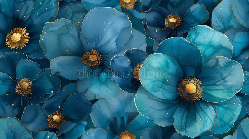 A Beautiful Seamless Pattern Featuring Various Shades of Blue Flowers ...