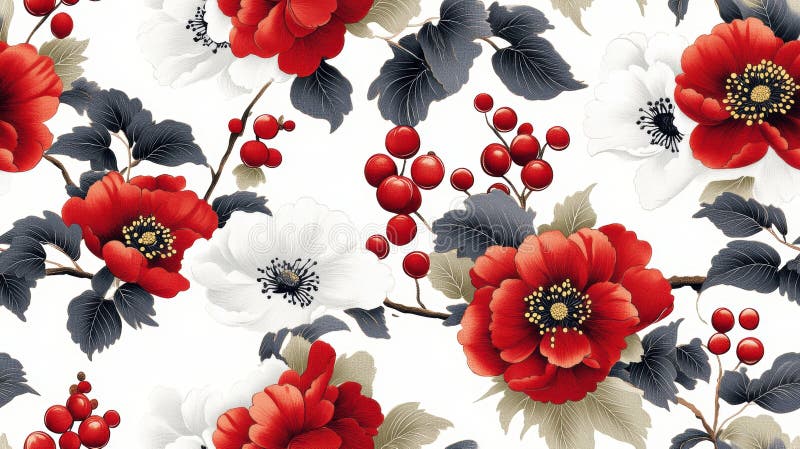 Beautiful Seamless Pattern Featuring Vibrant Flowers and Leaves ...