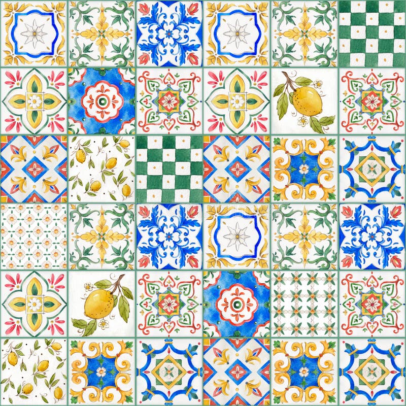 Beautiful Seamless Pattern in Patchwork Style with Hand Drawn Watercolor Different Tiles. Stock ...