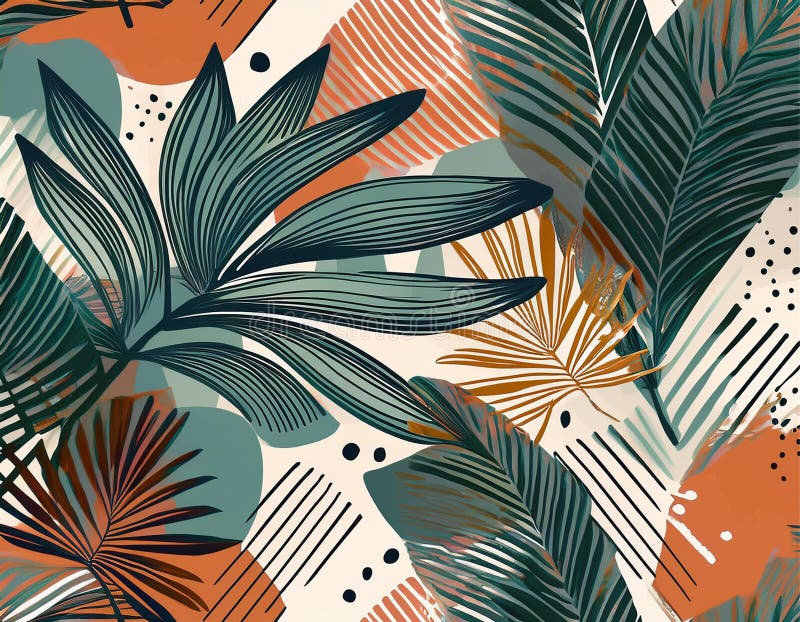 Beautiful Seamless Vector Floral Pattern Background with Palm Tropical Leaves and Abstract Forms ...