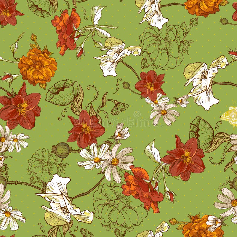 Hand Drawn Vintage Botanical Seamless Pattern with Bird Stock Vector ...