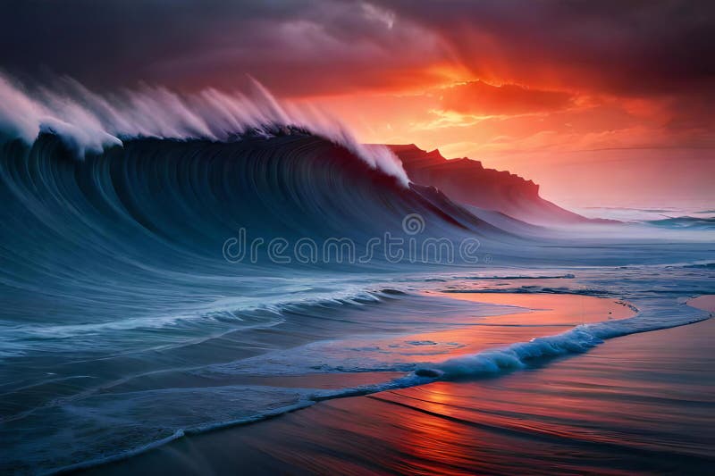 Beautiful Seascape with Big Wave at Sunset, Nature Composition Stock ...