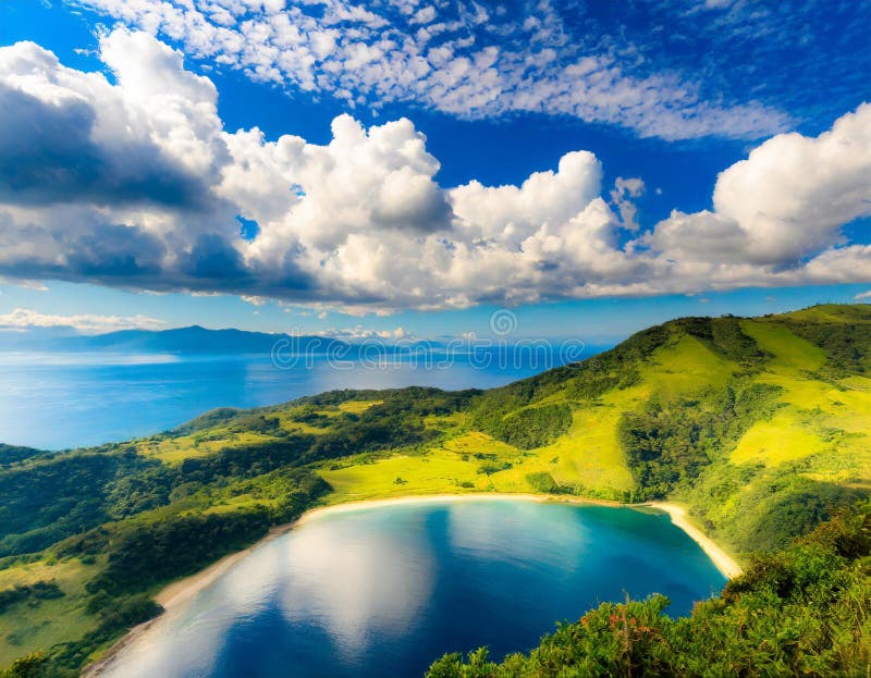 Beautiful Seascape with Green Hills and Blue Sky with Clouds Stock ...