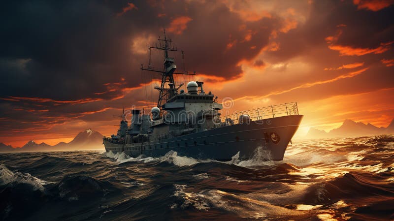 A Beautiful Seascape with a Modern War Ship Dramatic Cloudy Sunset ...
