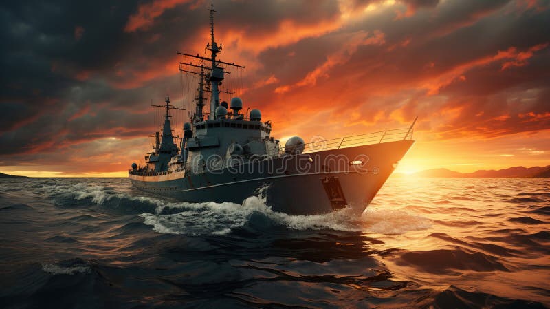 A Beautiful Seascape with a Modern War Ship Dramatic Cloudy Sunset ...