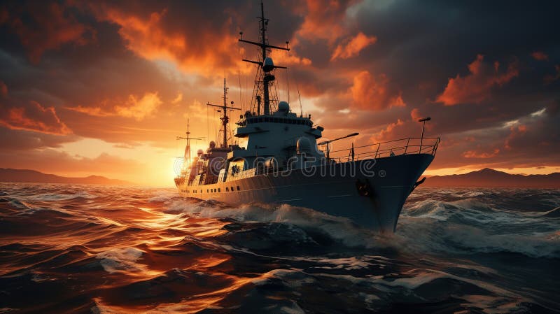 A Beautiful Seascape with a Modern War Ship Dramatic Cloudy Sunset ...