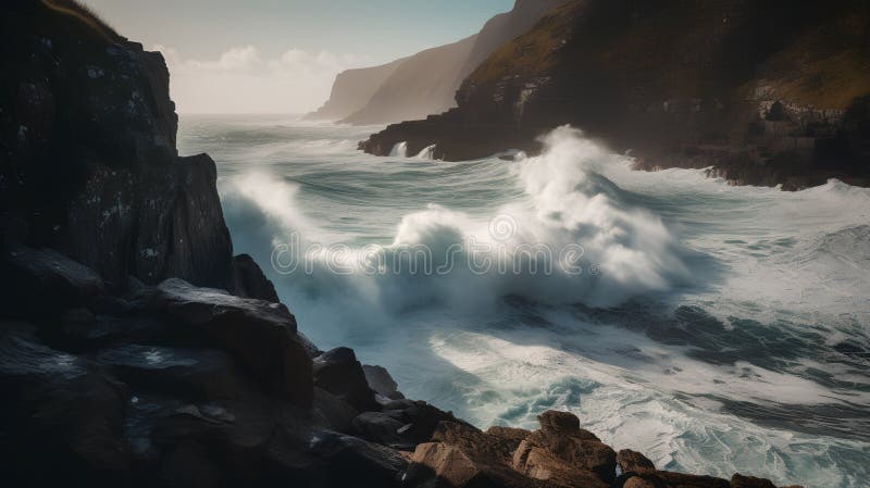 Beautiful Seascape with Ocean Waves Crashing on the Cliffs. Stock ...