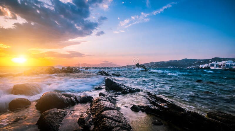 Beautiful Seascape with Rocks and Waves Stock Image - Image of orange ...