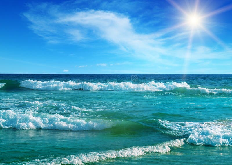 Beautiful Sea and Sun on Blue Sky Background Stock Image - Image of ...