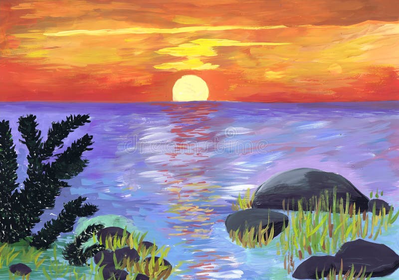 Beautiful Seascape at Sunset. Children`s Drawing Stock Illustration ...