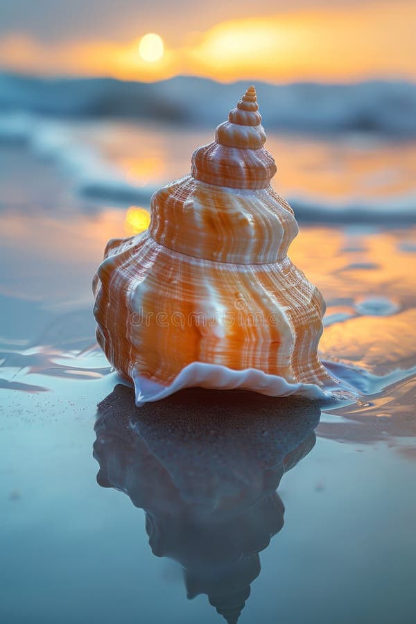 Beautiful Seashell Resting on the Sand at Sunset with Ocean Waves in ...