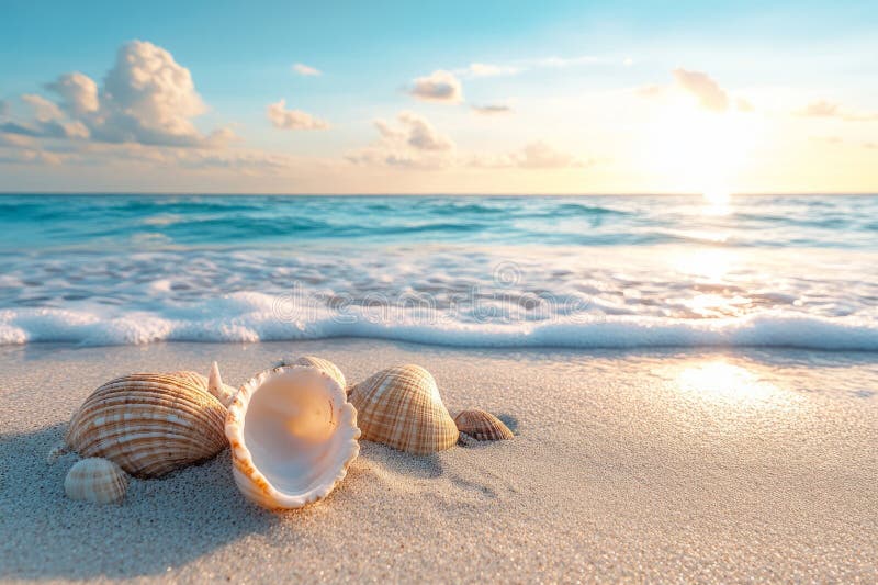 Beautiful Seashells Lie on the Sandy Beach As the Waves Roll in at ...
