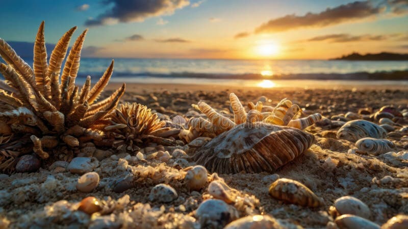 Beautiful Seashells on Sandy Beach at Sunset.AI Generated. Stock Photo ...