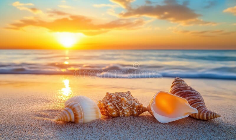 Beautiful Seashells on Sandy Beach during Sunset with Ocean Waves Stock ...